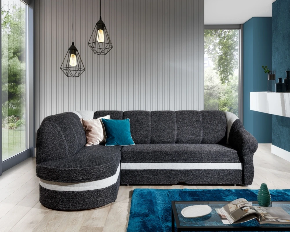 Narożnik lewostronny Benano z funkcją spania typu delfin i pojemnikiem na pościel Szary