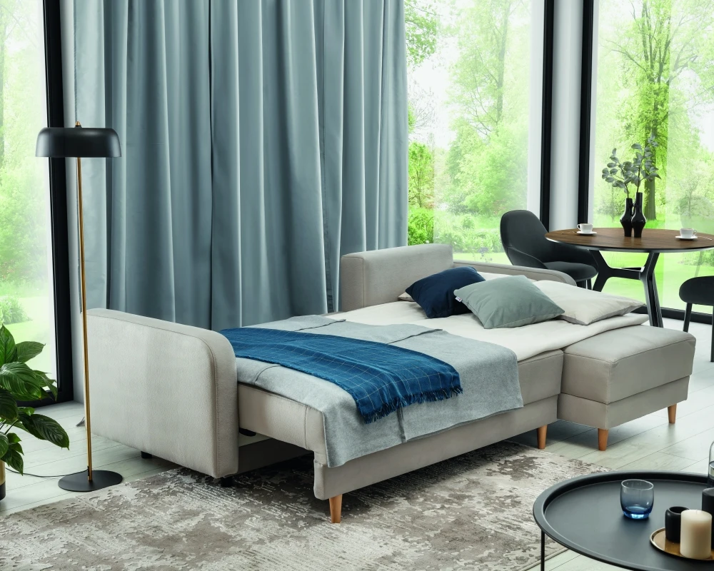 Narożnik prawy Roxi z funkcją spania typu DL i pojemnikiem na pościel Szary