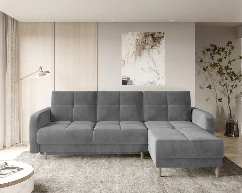 Narożnik prawy Roxi z funkcją spania typu DL i pojemnikiem na pościel Szary